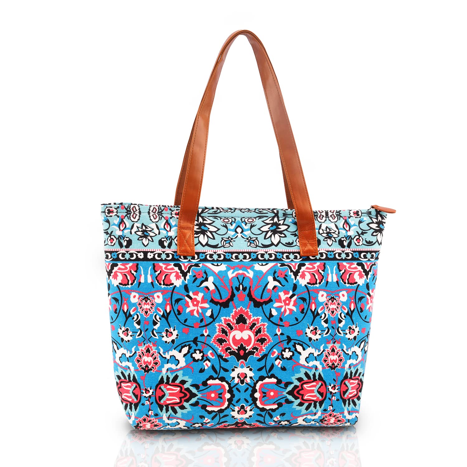 DEMOMENT Canvas Floral Shopping Zip Top Tote Bag GYM Hiking Picnic Travel Beach Pool Shoulder Book Bag (Blue and Rainbow)