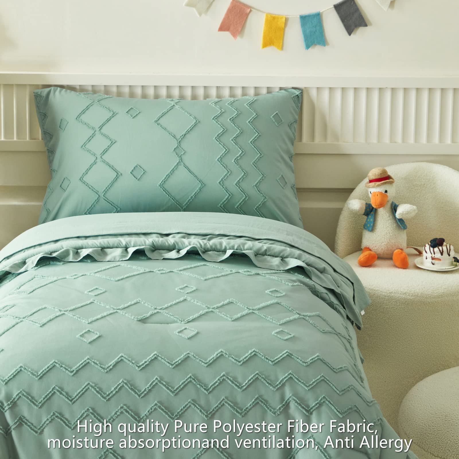 AIKASY Toddler Bedding Set 4 Pieces Super Soft Comforter Set, Shabby Boho Bohemian Design for Boys and Girls(Ruffle Fringe Comforter, Flat Sheet, Fitted Sheet and Pillowcase)- Green