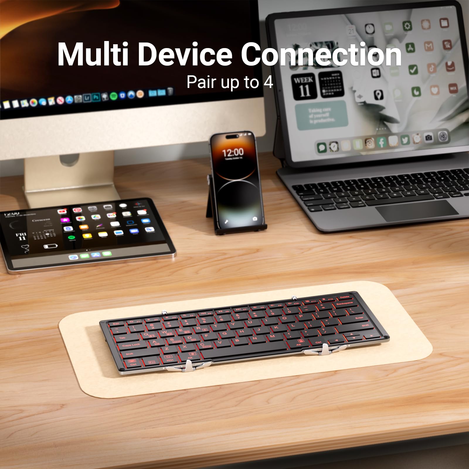 iClever Backlit Foldable Bluetooth Keyboard, BK05 Wireless Folding Keyboard with Backlight, Pair up to 4 Devices, Portable Travel Keyboard for iPad Tablet Laptop PC Smartphone Windows iOS Android