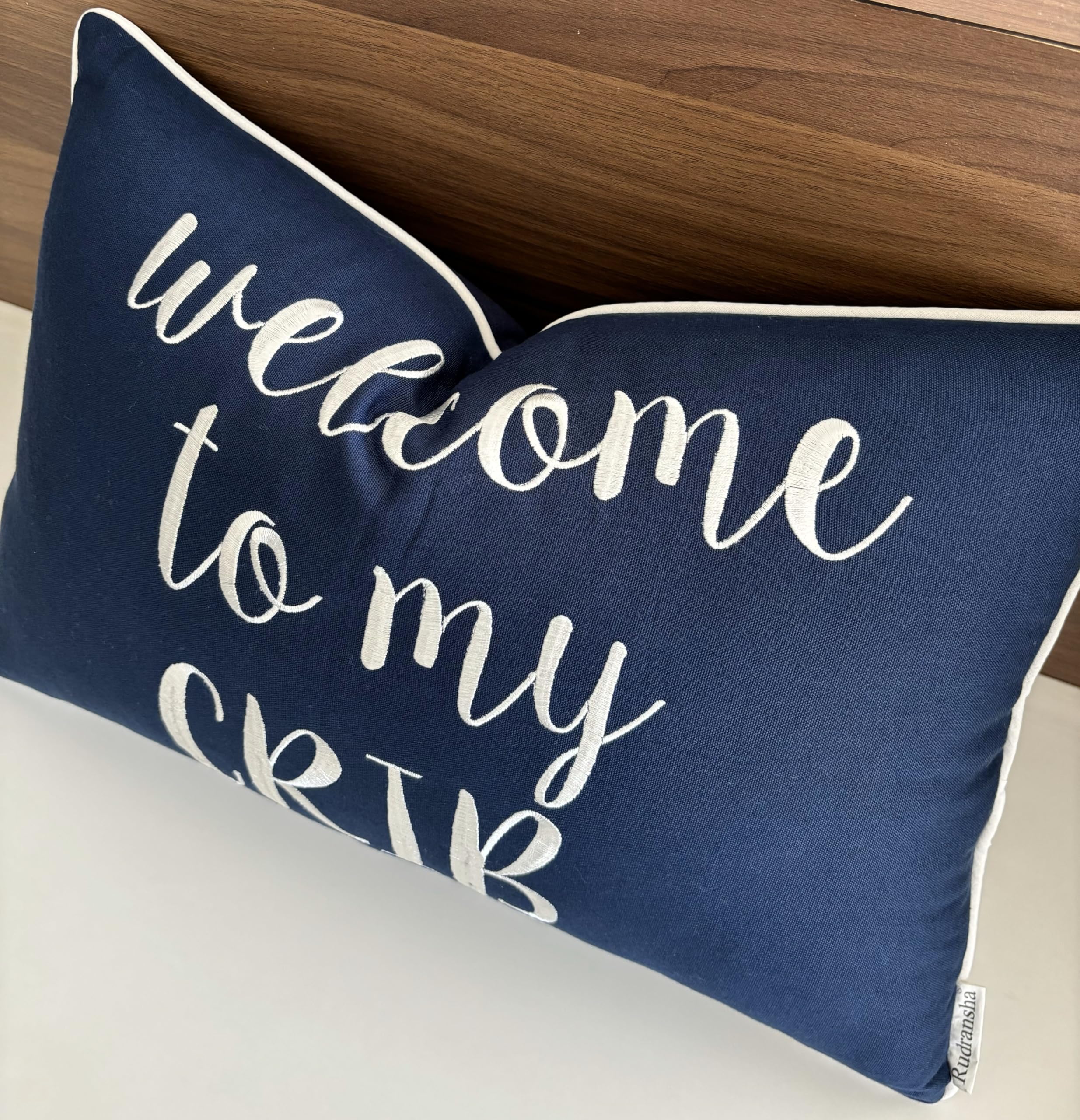 Rudransha Welcome to My Crib Embroidered Lumbar Accent Throw Pillow Cover - Nursery Decor - 12x18, Navy Blue