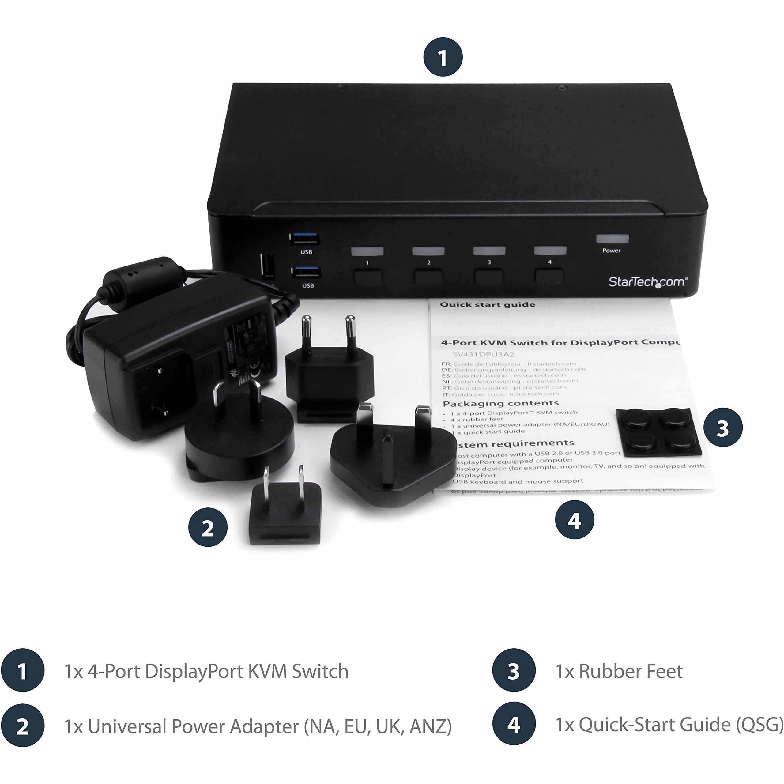 StarTech.com 4 Port DisplayPort KVM Switch - 4K 60Hz - Single Display - Dual Port UHD DP 1.2 USB KVM Switch with Integrated USB 2.0 Hub & Audio - Dell, HP, Apple, Lenovo - TAA Compliant (SV431DPUA2)