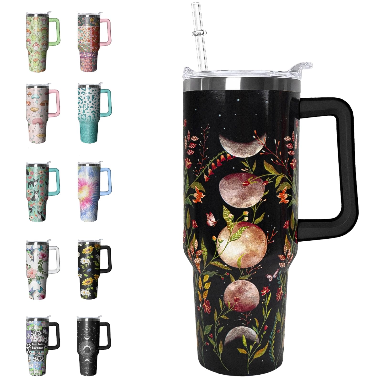 Rcvlauf 40 oz Tumbler with Handle and Straw Goth Tumbler Leak Proof Insulated Cup 40 oz Gothic Flower Moon Coffee Travel Mug Witchy Decor Stuff Goth Gifts for Women