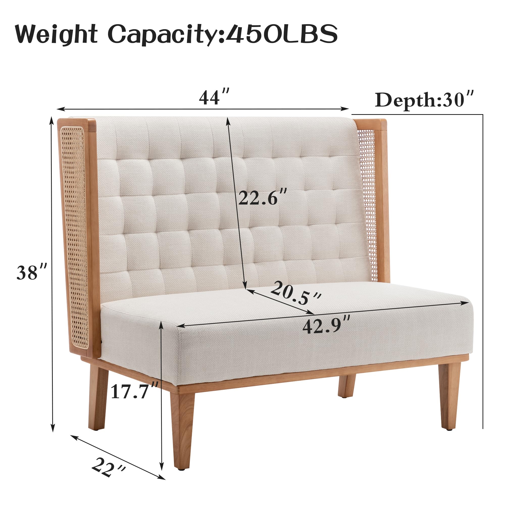 Andeworld Loveseat Settee Bench with Rattan Arms, Upholstered Modern Mini High-Back Sofa Couch,Banquette Dining Bench for Living Dining Room Bedroom Office Small Space Entryway,Beige
