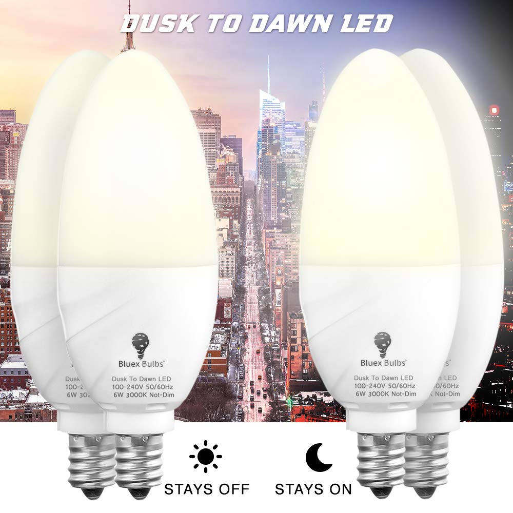 6 Pack Bluex Dusk to Dawn LED Bulbs, 6W E12 Base Light Bulb - 65W Equivalent β 3000K WarmLight White - Smart Light Sensor Candelabra Bulb, Home Security Indoor, Outdoor, Driveway, Yard, Porch Lighting
