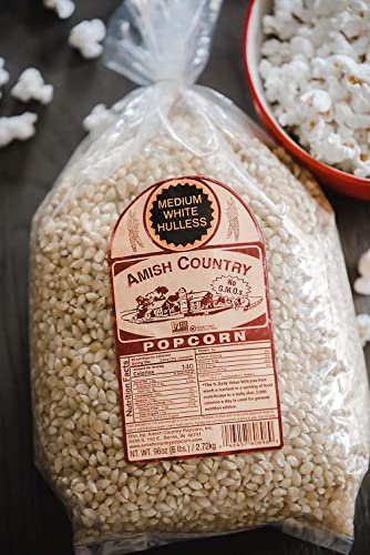 Amish Country Popcorn - Medium White (6 Pound Bag) Popcorn Kernels with Recipe Guide, Old Fashioned, Non GMO, Gluten Free, Microwaveable, Stovetop and Air Popper Friendly