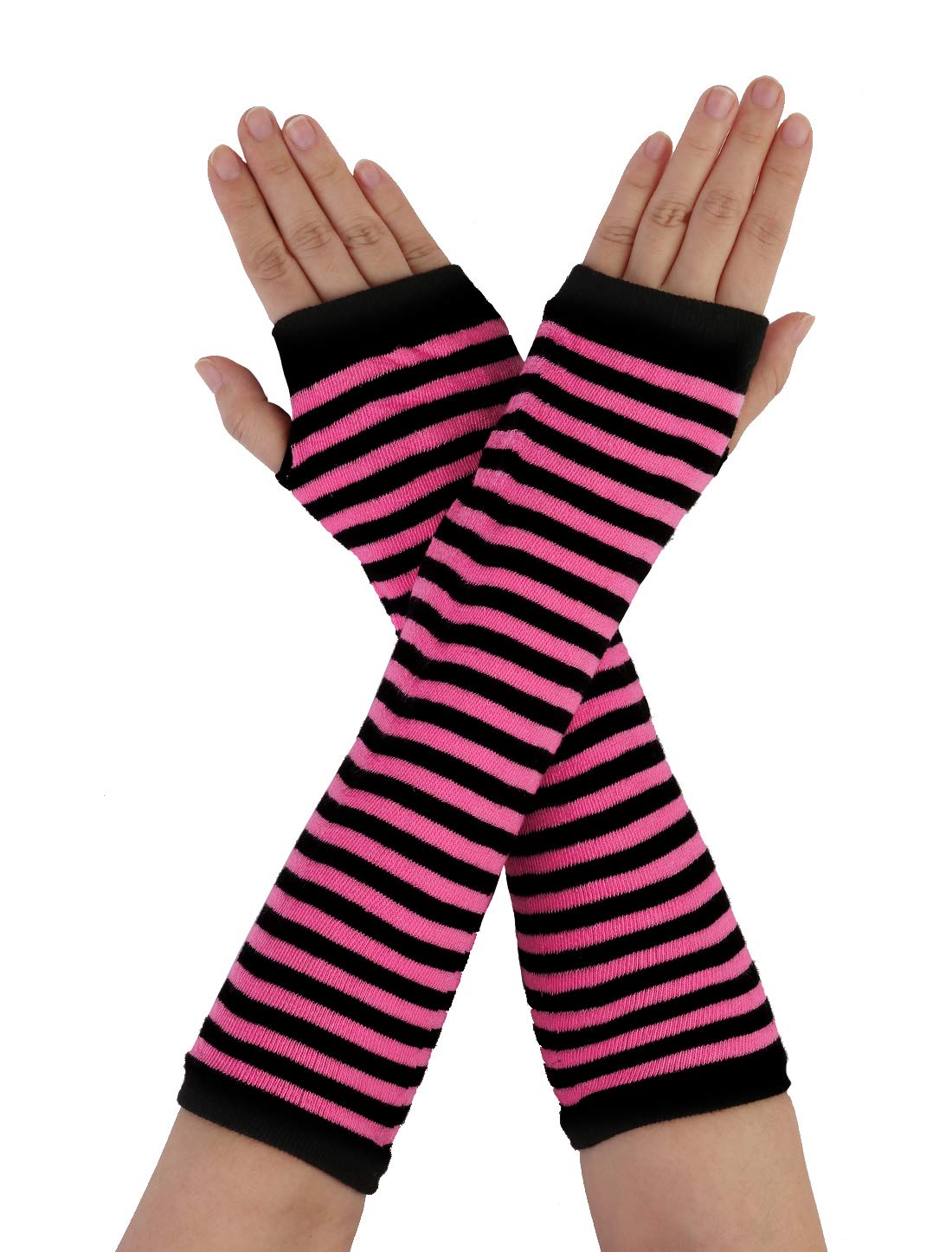 Allegra K Women's Fingerless Gloves Printed Elbow Length Knitted Arm Warmers One Size Black With Pink