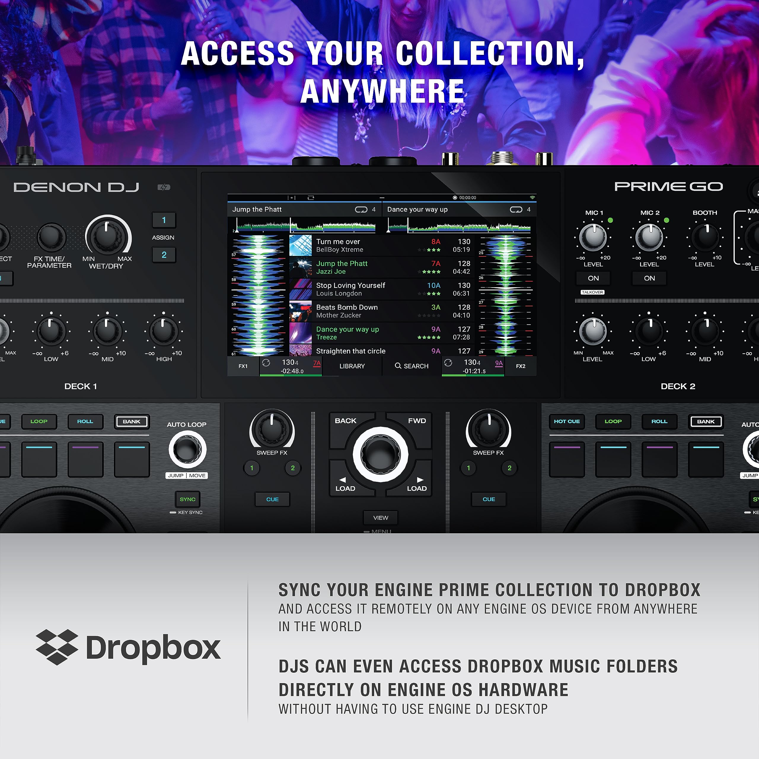 Denon DJ PRIME GO – Portable DJ Controller and Mixer with 2 Decks, WIFI Streaming, 7-Inch HD Touchscreen, DJ Set with Lights Control and Rechargeable Battery