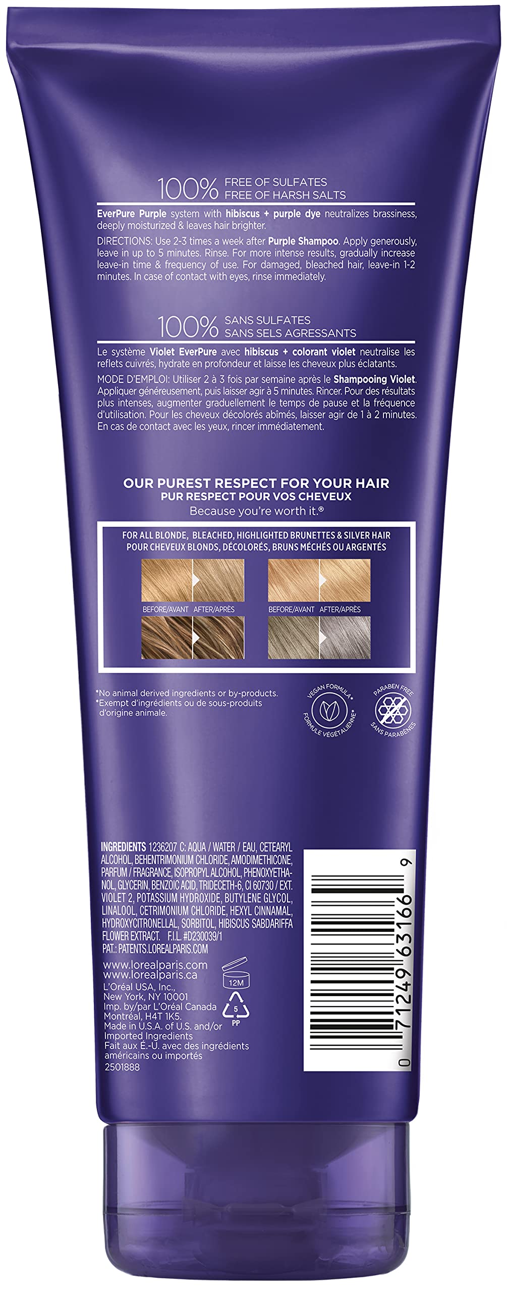 L'Oreal Paris EverPure Sulfate Free Brass Toning Purple Conditioner for Blonde, Bleached, Silver, or Brown Highlighted Hair, 11 Fl; Oz (Packaging May Vary)