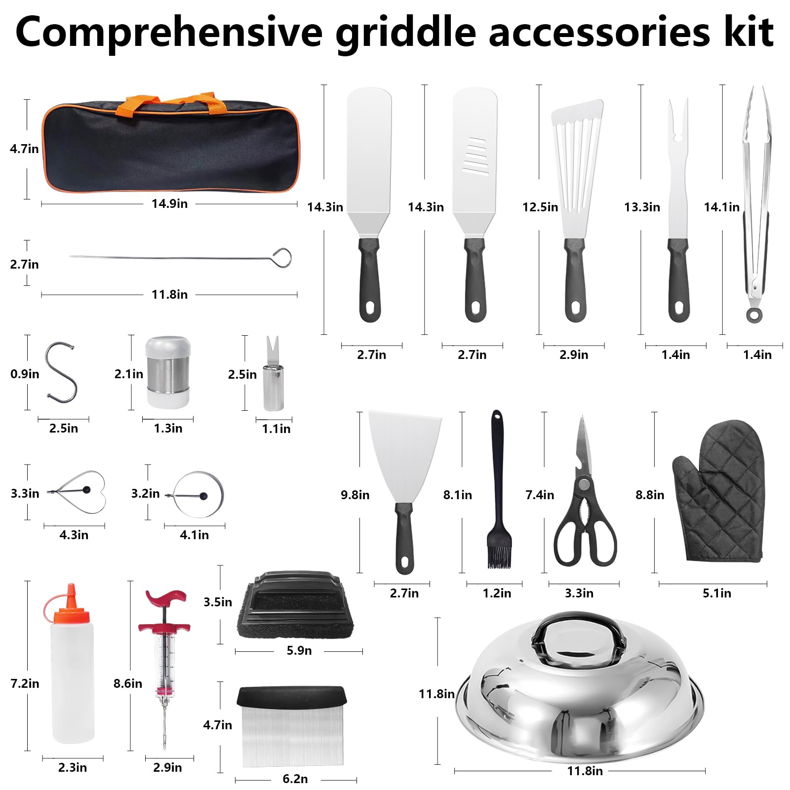 45Pcs Flat Top Grill Accessories Set for Blackstone Griddle Accessories Kit, Heavy Duty Stainless Steel Grilling Set with Enlarged Spatulas, Basting Cover, Scraper (45 Pcs Set)