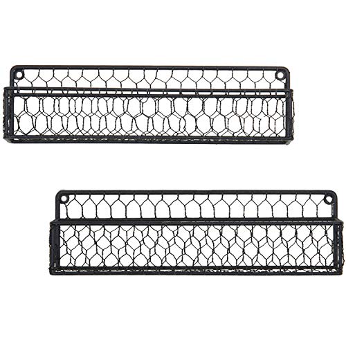 MyGift Wall Spice Racks, 12-Inch Black Chicken Wire Hanging Kitchen Seasoning Condiment Organizer Shelf, Set of 2