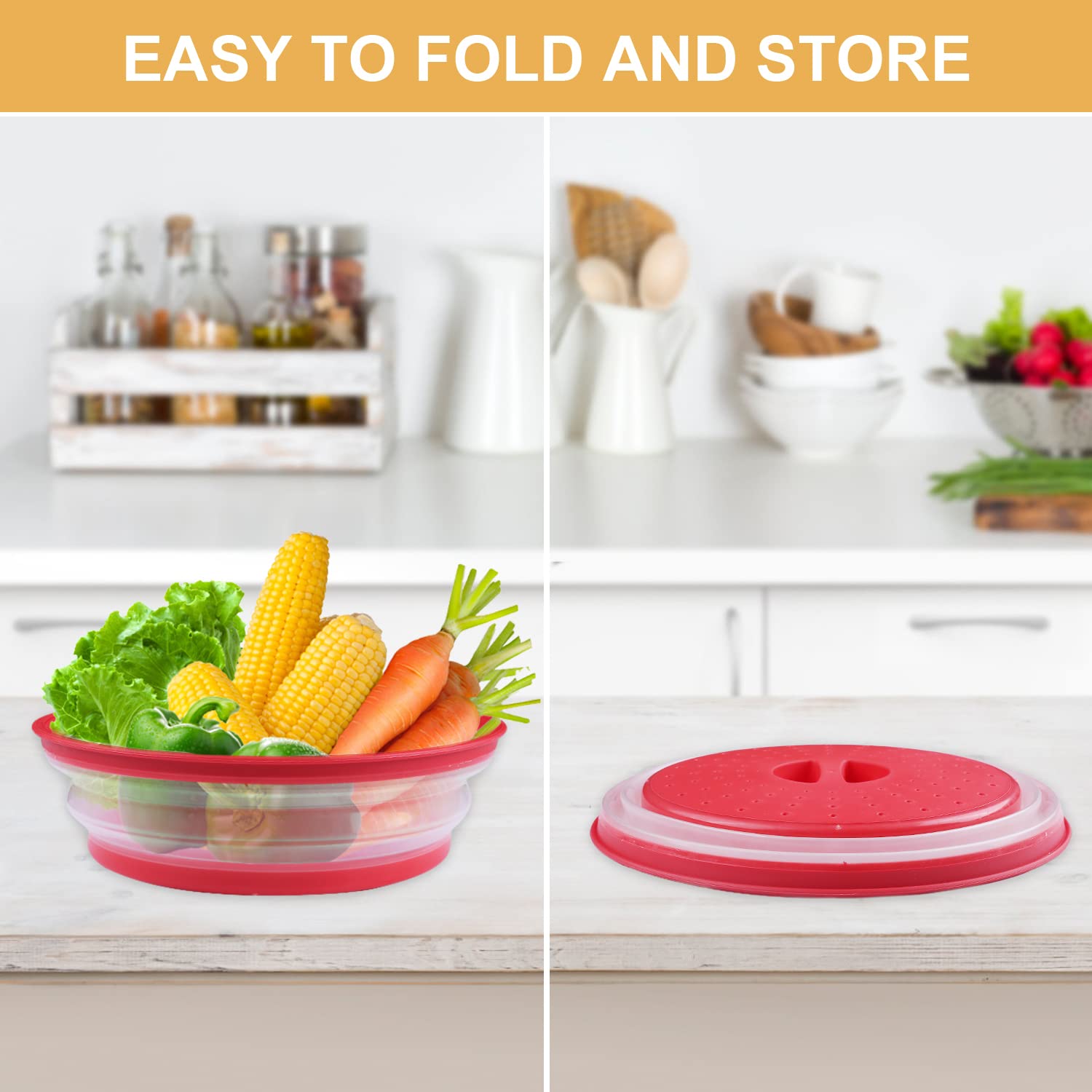 ANZEKE Vented Collapsible Microwave Splatter Cover,Food Cover,Colander Kitchen Gadget,Include Anti-scald Silicone Mats,Dishwasher-safe,BPA-FreeSilicone & Plastic(2Set Grey And Red)