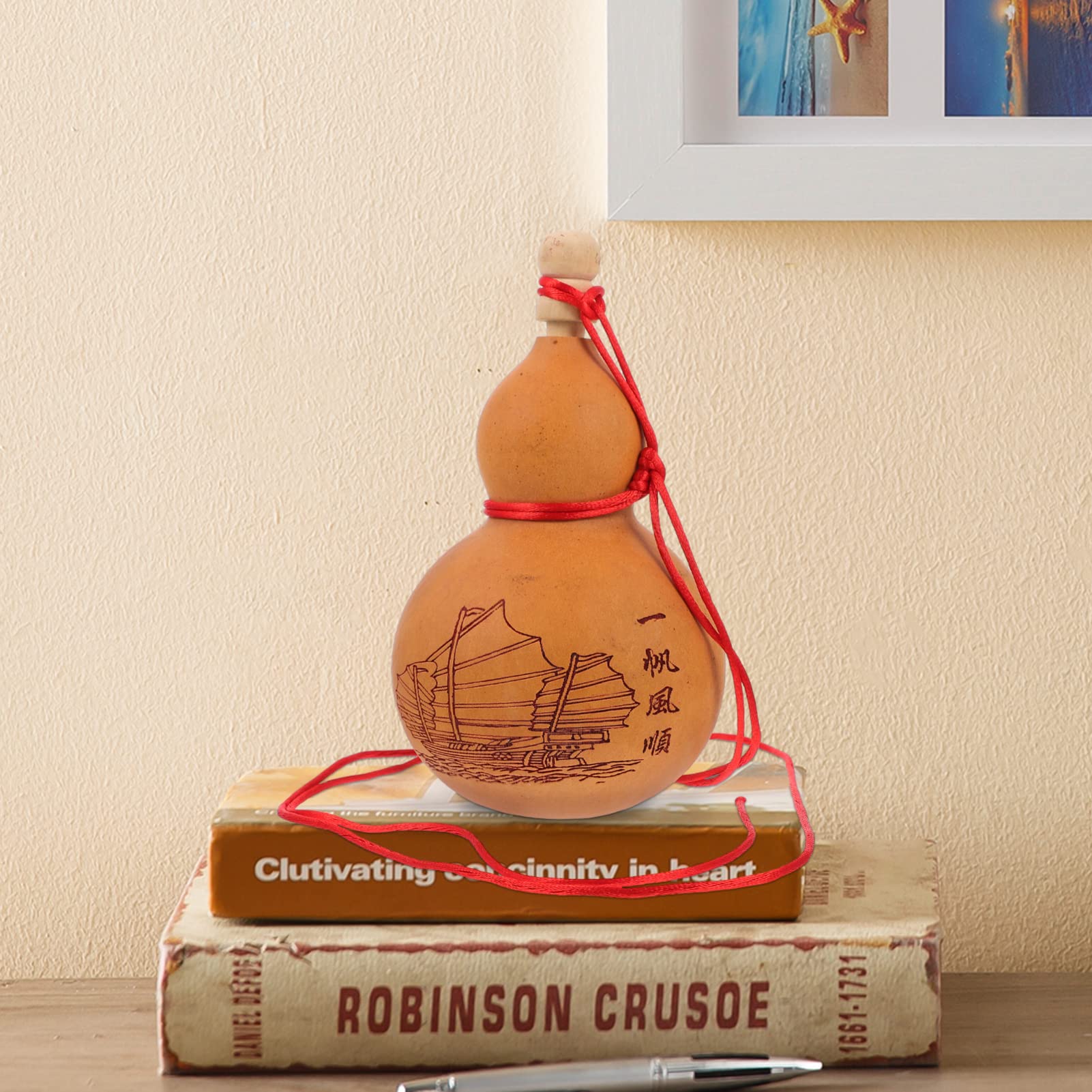 Angoily Gourd Wine Flask Bottle Chinese Wu Lou Wine Bottle with Stopper Wooden Chinese Feng Shui Hu Lu Gourd Ornament for Home Kitchen (Khaki)