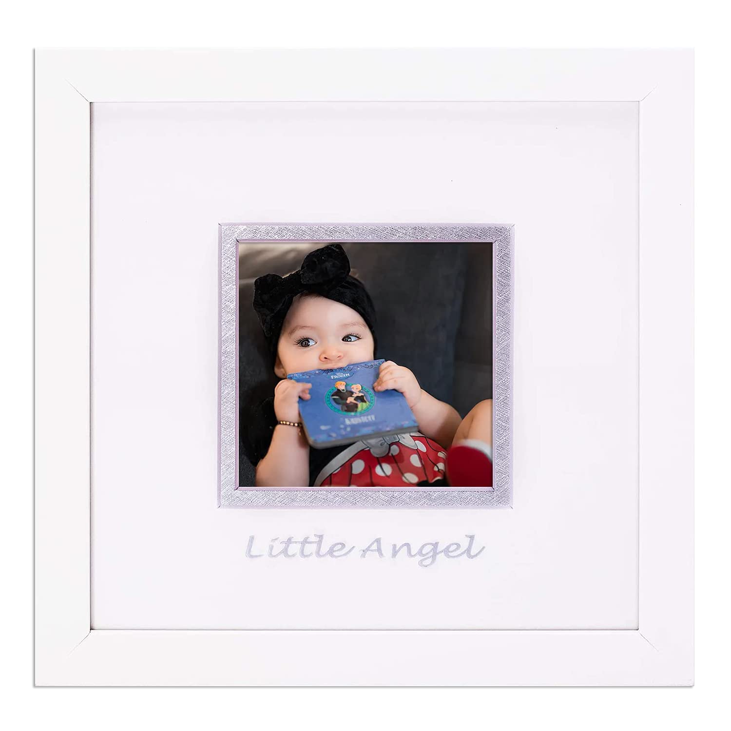 Golden State Art, White Baby Frame, Little Angel Solid Wood picture frame with White/Silver Double Mat, Baby Nursery Decor for Baby Girl or Baby Boy (8x8-inch for 4x4-inch, 1-Opening)
