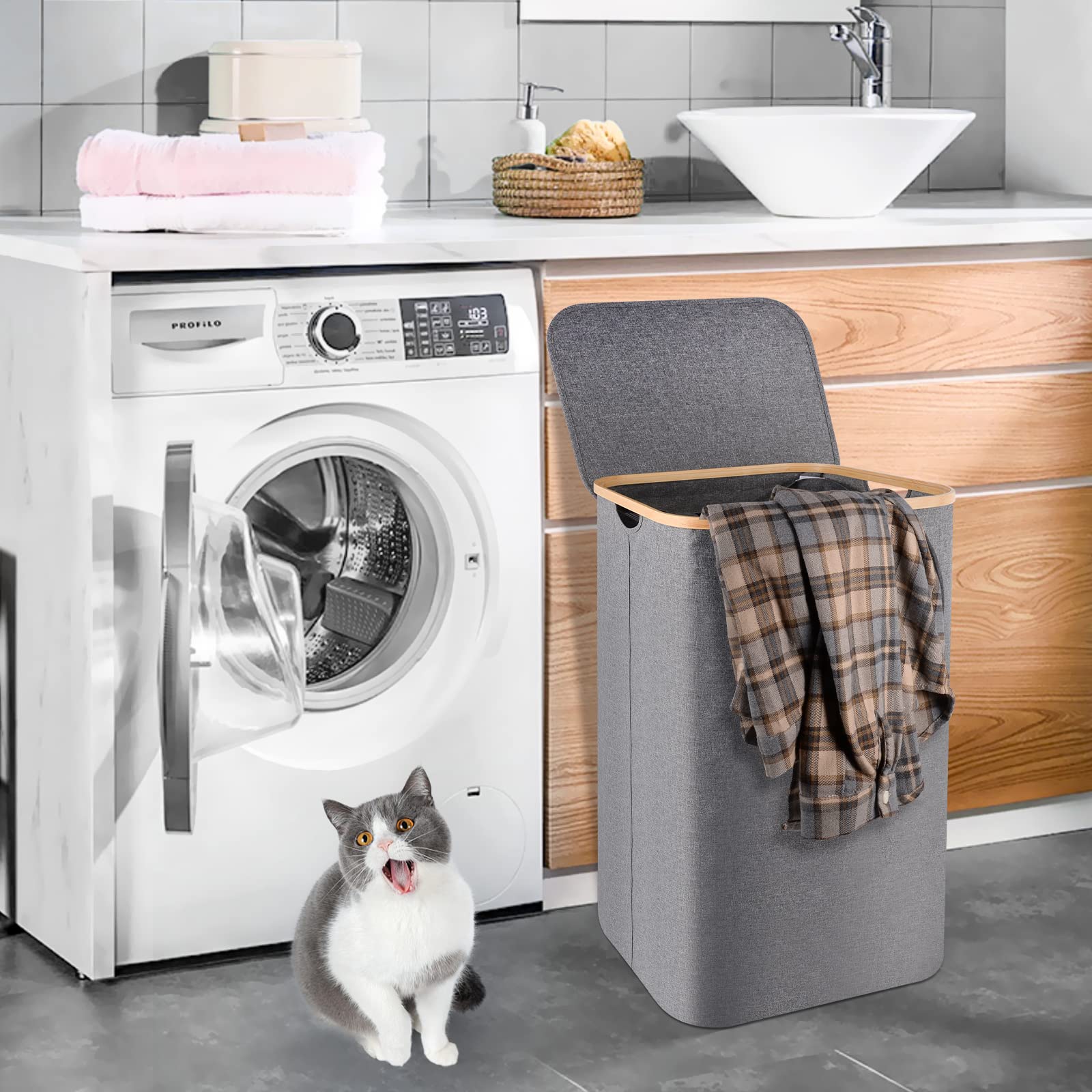 Laundry Basket with Lid - 100L Collapsible Laundry Hamper with Removable Inner Bag for Clothes and Toys Storage in Bedroom Bathroom Children's Room