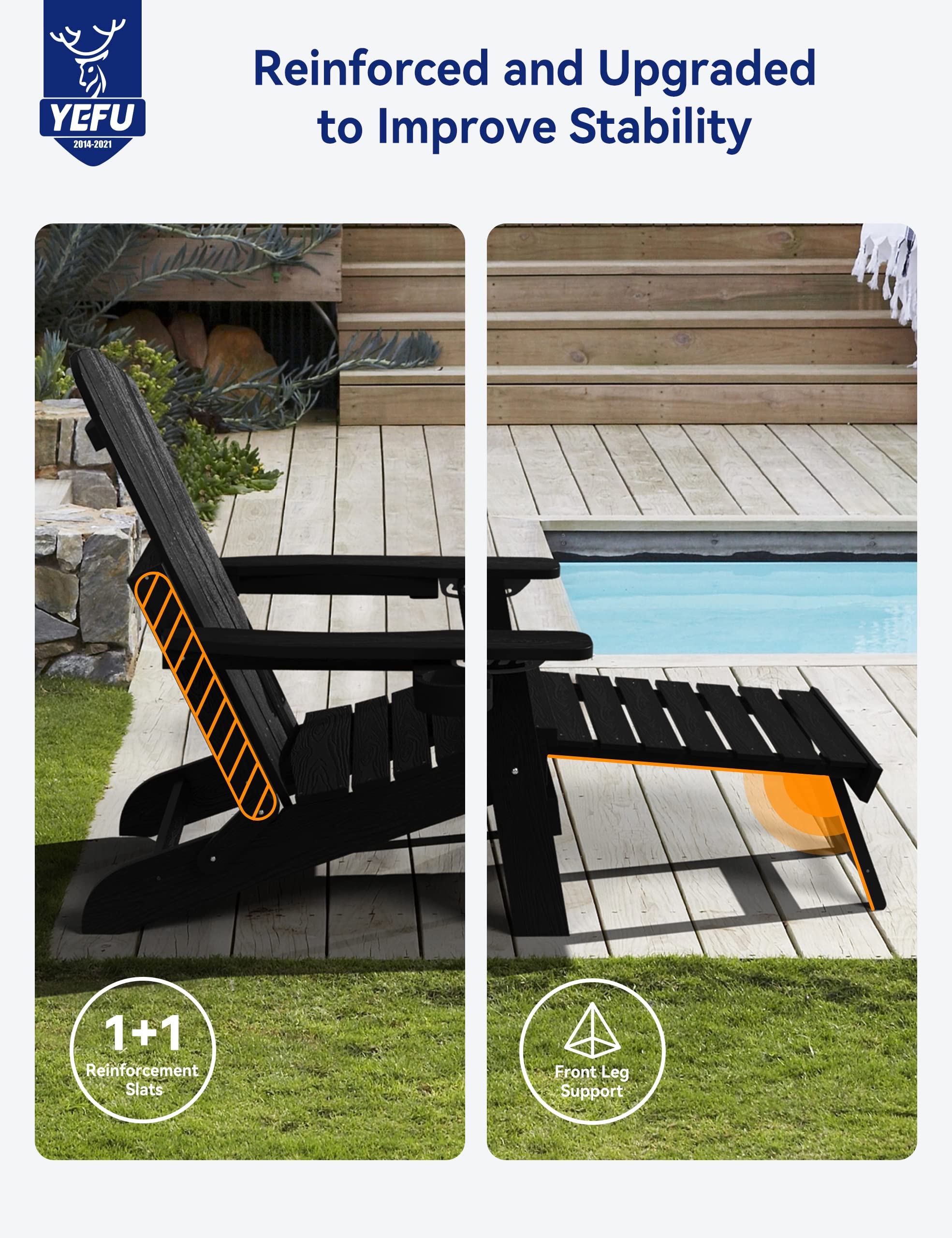 YEFU Adirondack Chair with Ottoman, Adjustable Backrest Adirondack Chairs, Folding Outdoor Fire Pit Chair with 2 Cup-Holders, Weather Resistant for Patio Lawn Outside Garden Pool, 380lbs (Black)