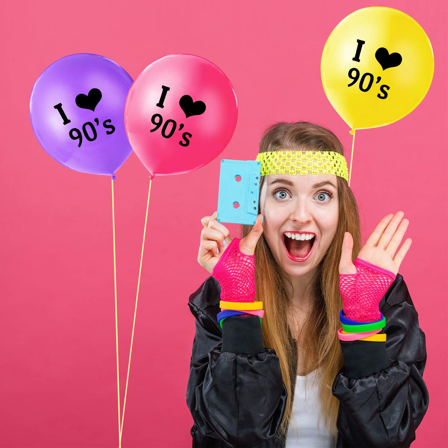 90s Themed Party Set, Include 60 Pieces I Love 90s Latex Balloons and 2 Rolls Balloon Ribbons for 90s Themed Birthday Party Throwback Party Decorations