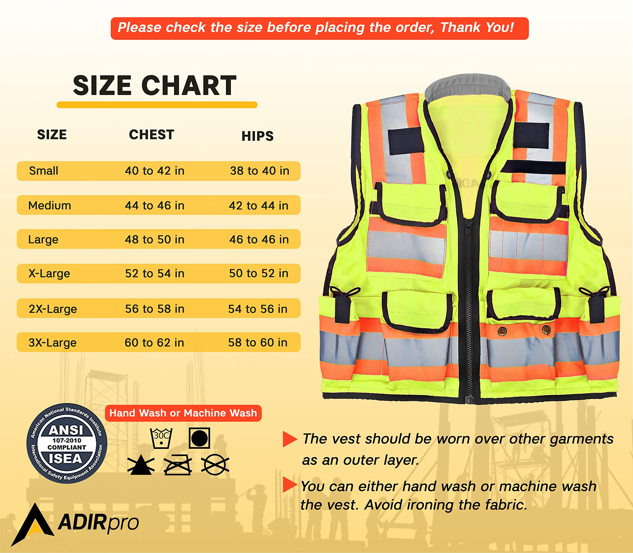 AdirPro Safety Vest - High Visibility Reflective with Zipper and Utility Pockets for Surveyors Engineers Class 2 Construction Workers, Fluorescent Yellow, 10