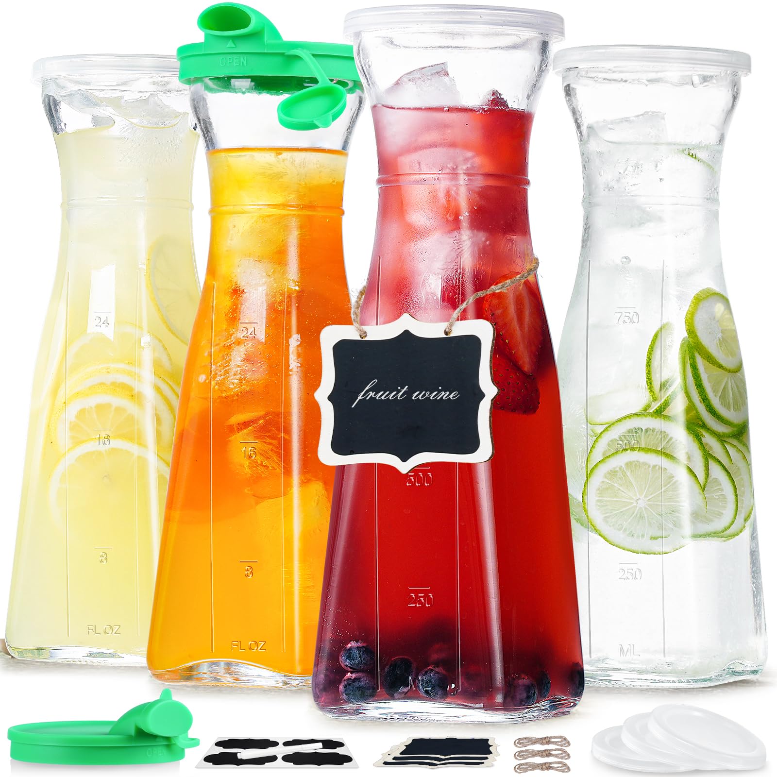 Ritayedet Glass Carafe, 1 Liter Carafe for Mimosa Bar, 4 Pcs, Square Carafe Pitcher with Lid, Drink Dispenser for Parties, Cold Water, Milk, Juice Container, Tea, Wine, Cocktails (6 Lids & 2 Spouts)