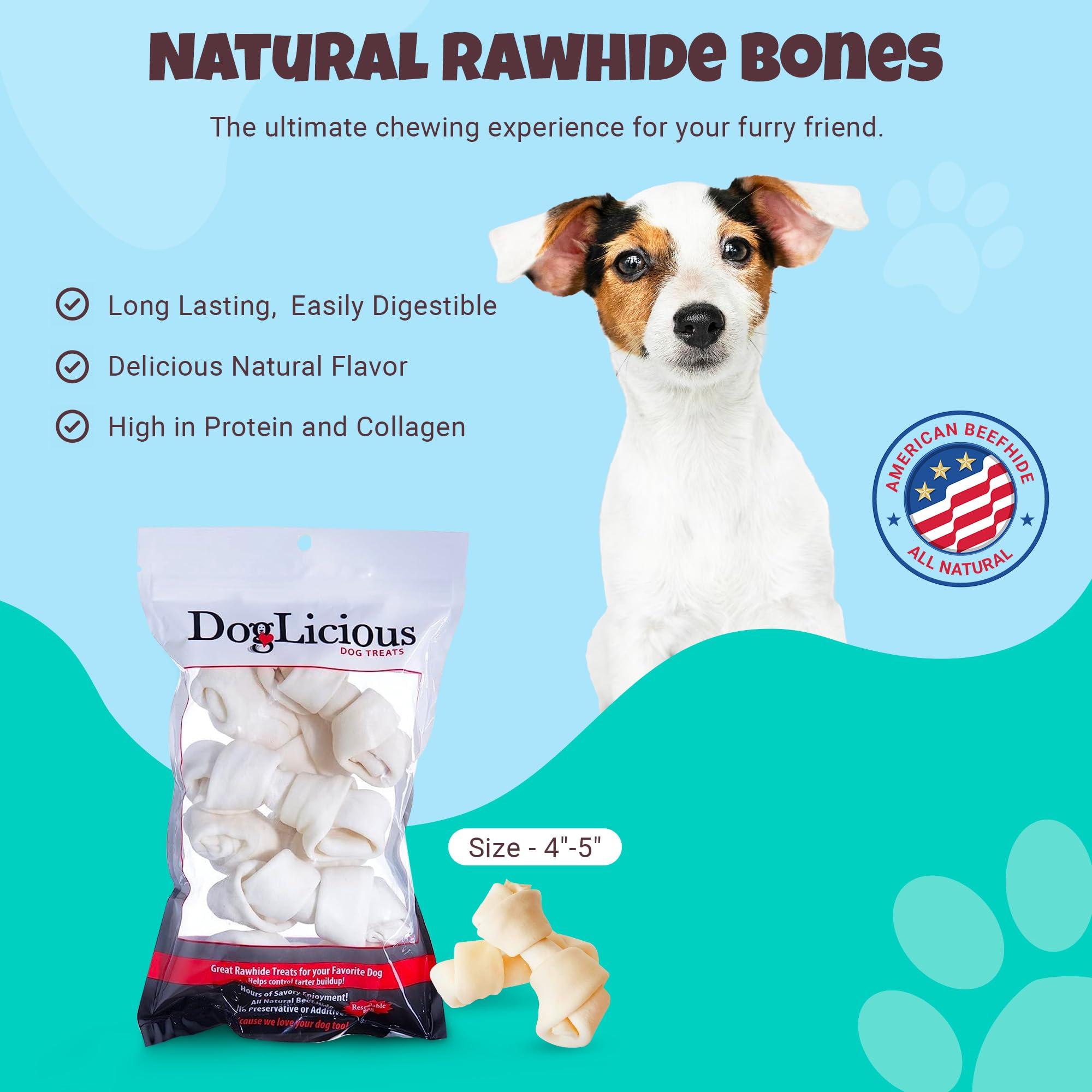 DOG-LICIOUS Dog Natural Rawhide Bones, Dog Chew Treats, Long Lasting Dog Chews, Knotted Bones 4β-5β (50873)