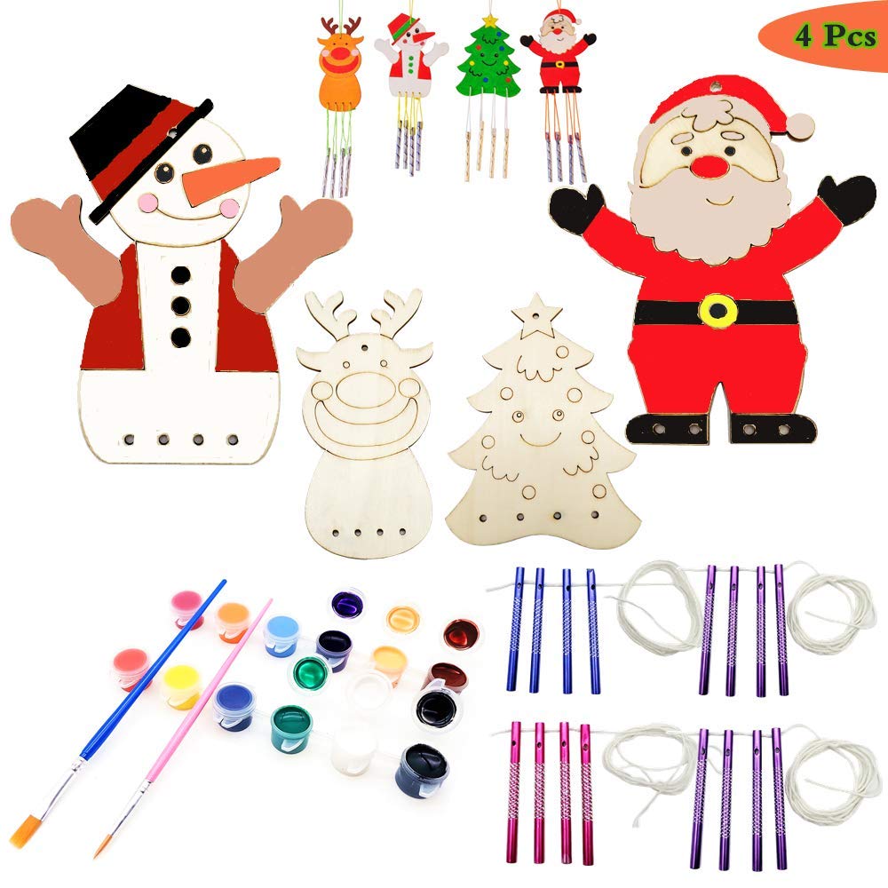 DEUXPER Make Your Own Christmas Ornaments Wind Chime Kit - Arts & Crafts Construct & Paint 4 Wind Powered Musical Chime DIY Gifts for Kids, Boys & Girls