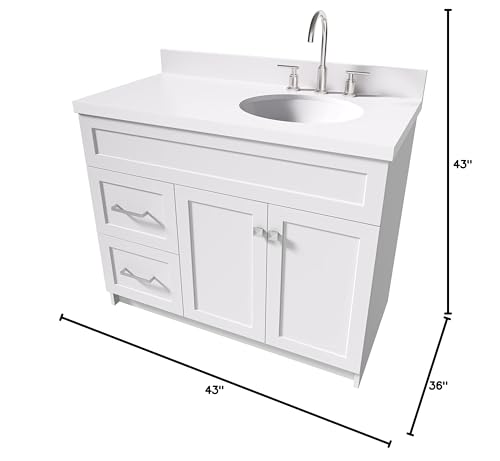 ARIEL Hamlet 43 Inch White Bathroom Vanity with Sink, 1.5" Edge Quartz Countertop, Solid Wood, Right Oval Sink, 2 Soft-Closing Doors & 2 Full Extension Drawers, Toe Kick