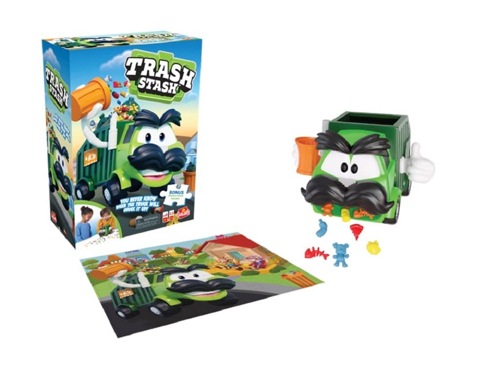 Goliath Trash Stash Game w/ 24pc Puzzle - Fill Trashcan, Watch It Dump Into Garbage Truck Or Truck Chucks It Up - Includes 24-Piece Puzzle