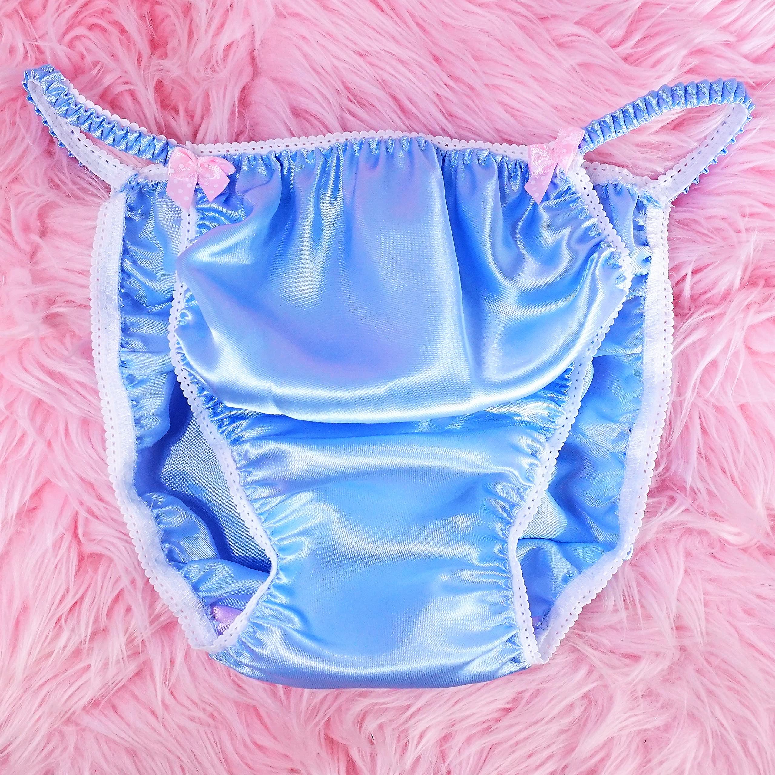 Ania's Poison Sissy Panties Baby Blue Satin String Bikini Shiny Men's Panties Underwear Bra Mini Skirt S-2X (L)