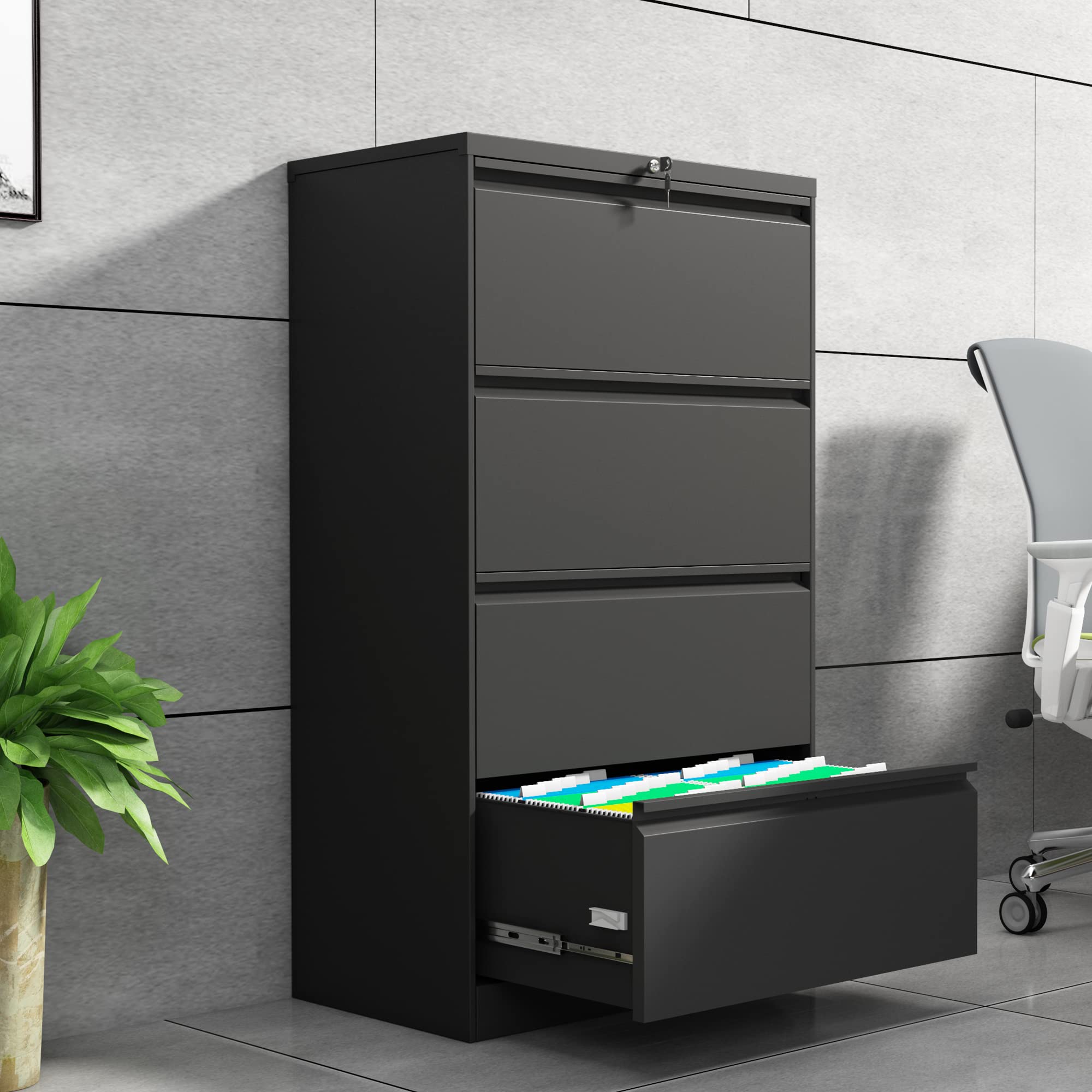 Aobabo 4 Drawer Lateral Steel File Organizing Cabinet with Locking System and Adjustable Hanging Bars for Letter/Legal Size Paper, Black
