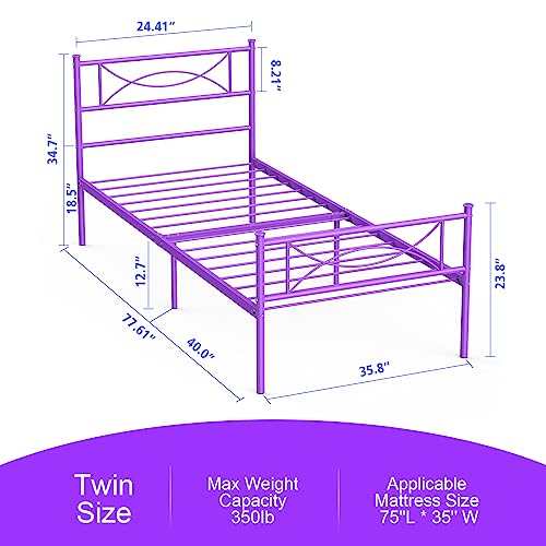 Purple Twin Bed Frames with Storage for Girls Adults Teens, Single Bed Metal Twin Size Beds, Twin Bed Frame No Box Spring Needed Twin Platform with Headboard for Students