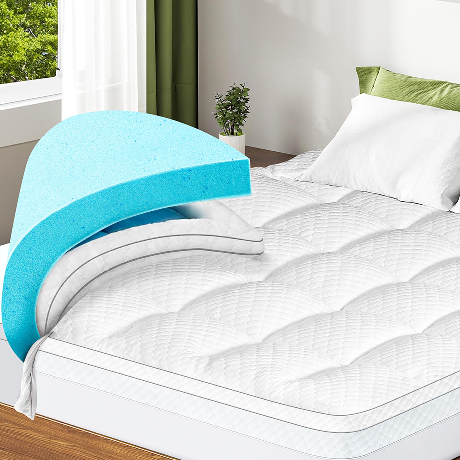 Dual Layer 3 Inch Memory Foam Mattress Topper Queen Size, 2 Inch Cooling Gel Memory Foam Plus 1 Inch Down Alternative PillowTop Mattress Pad Cover with 8-21 Inch Deep Pocket