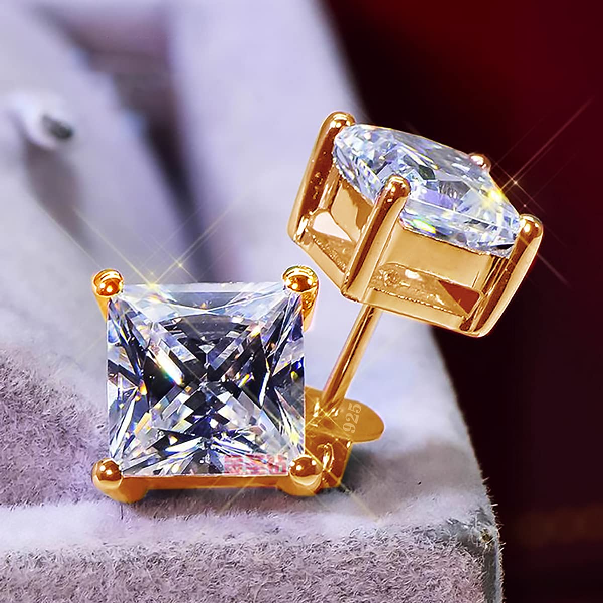 925 Sterling Silver Stud Earrings 4 Prong Princess Cut Square Cubic Zirconia Ear Stud for Women Men Girl CZ 4mm-7mm (Yellow Gold-1.60cttw)