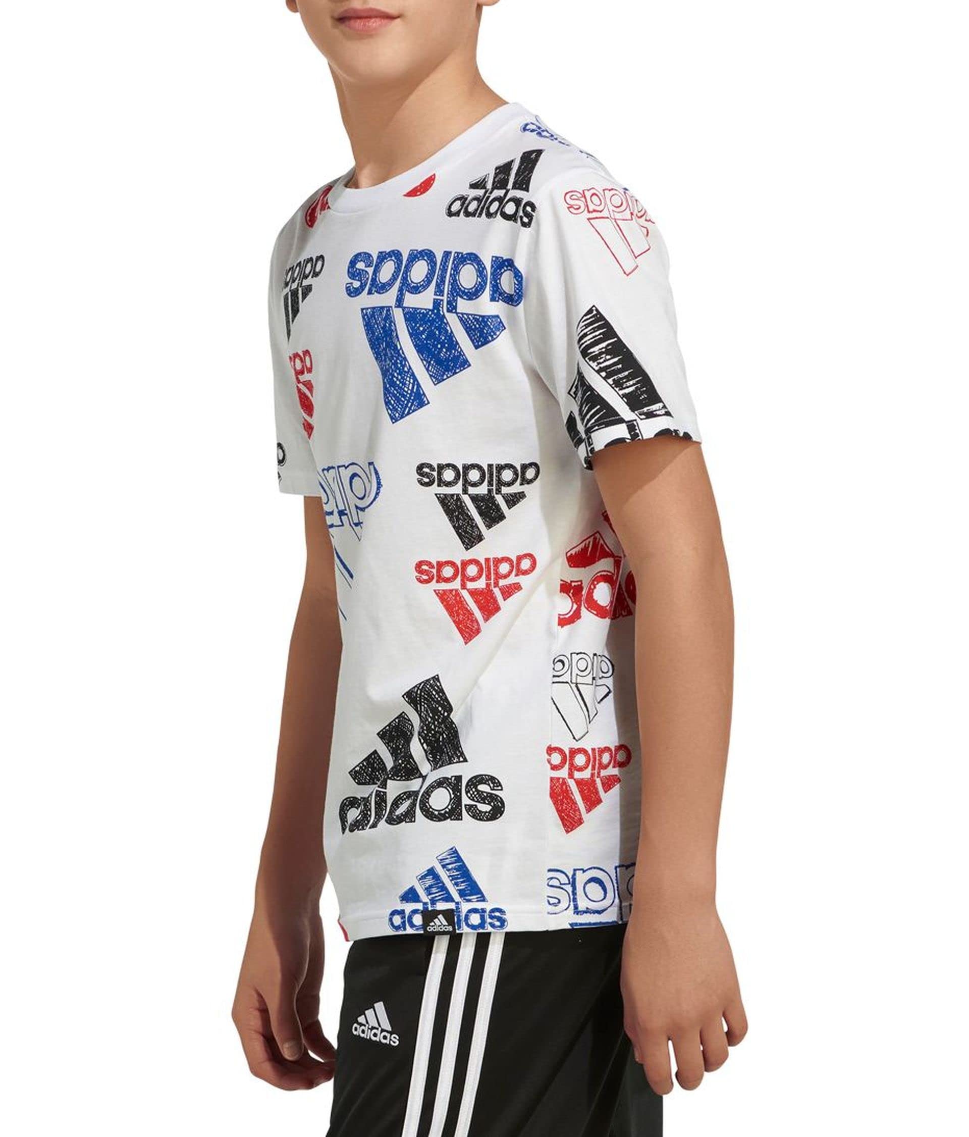 adidas Boys' Brand Love Sketch T-Shirt (Large, White/Multi)