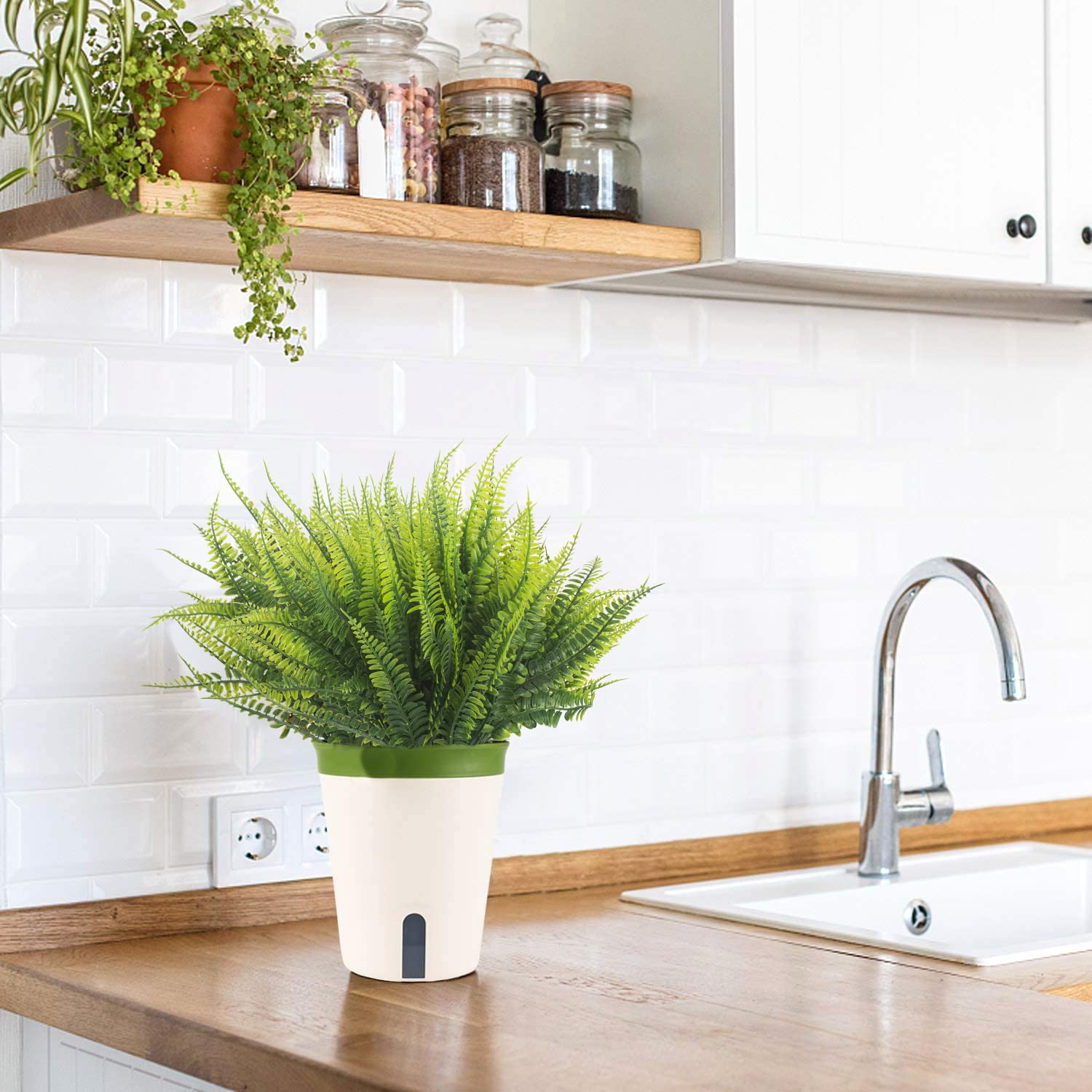 Artificial Plants, 12 Bundles Fake Boston Fern Greenery Outdoor UV Resistant Plastic Flowers Indoor Outside Hanging Planter Home Garden Decor