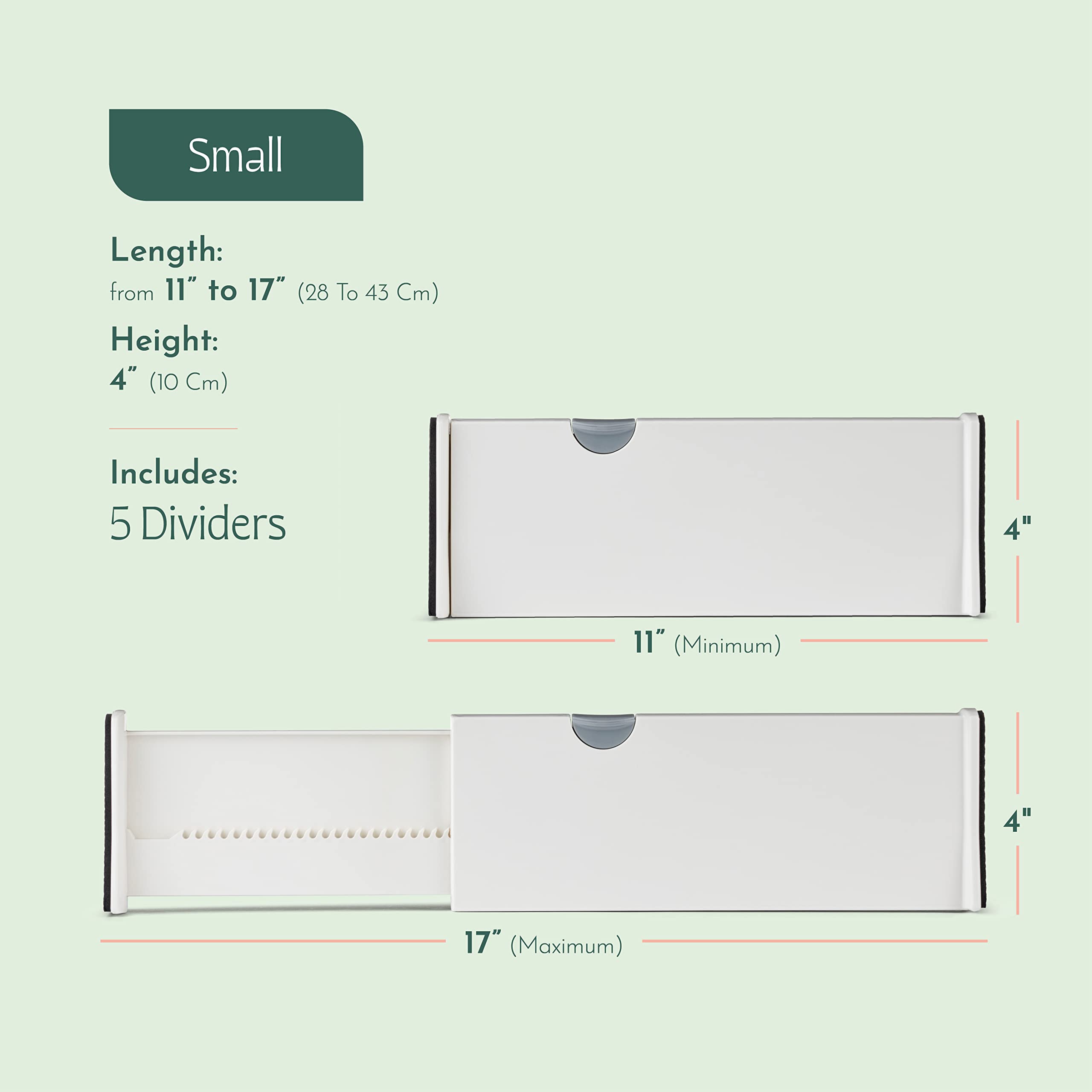 Adjustable Drawer Dividers [Set of 5] Adjustable Length 11" - 17" Drawer Organizers, Locks in Place, Easy-Assemble, Secured, Foam Ends, for Bedroom, Bathroom, Kitchen/Office Organization & Storage