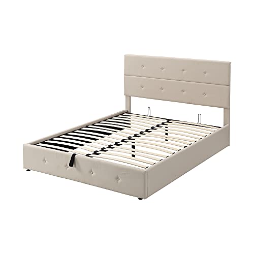 BIADNBZ Queen Size Platform Bed Frame Upholstered with Lifting Underneath Storage and Headboard, Wooden Slat Support, No Box Spring Needed, Beige