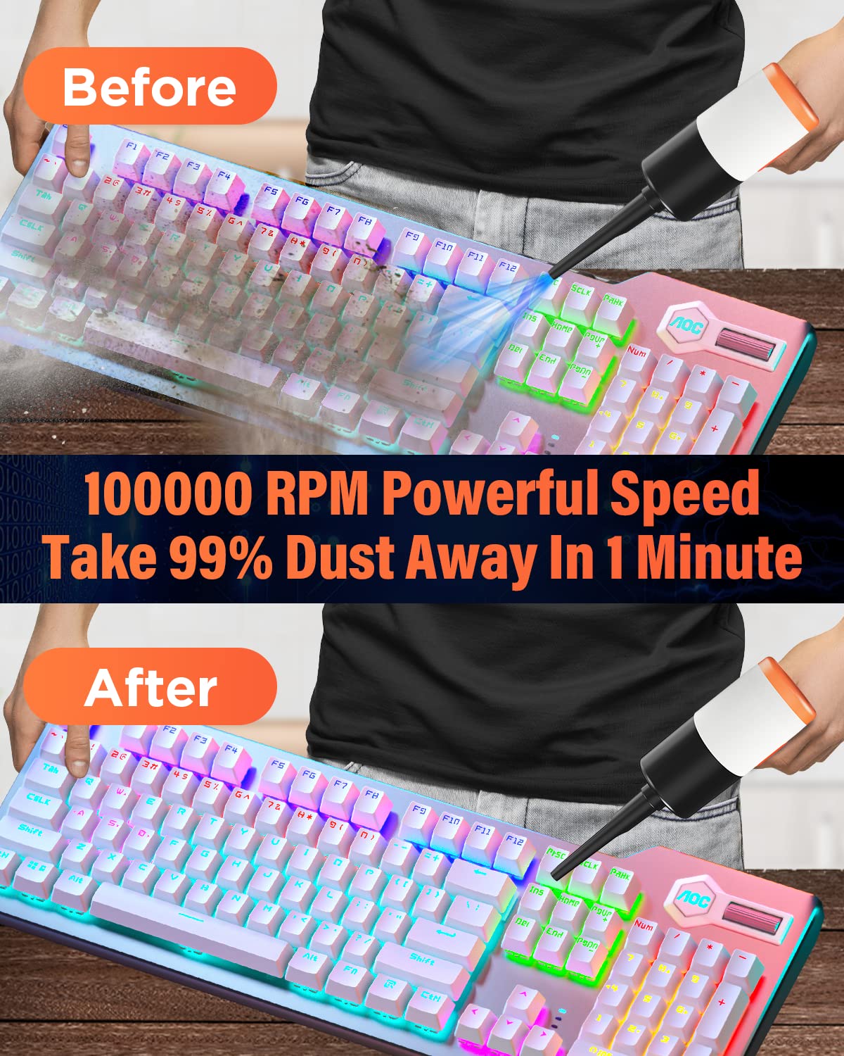 AIRROKI 100000RPM Powerful Compressed Air Duster - Rechargeable Electric with 6000mAh Battery Continuously 30 Mins Working for Computer Keyboard Cleaning, Good Replacement Can