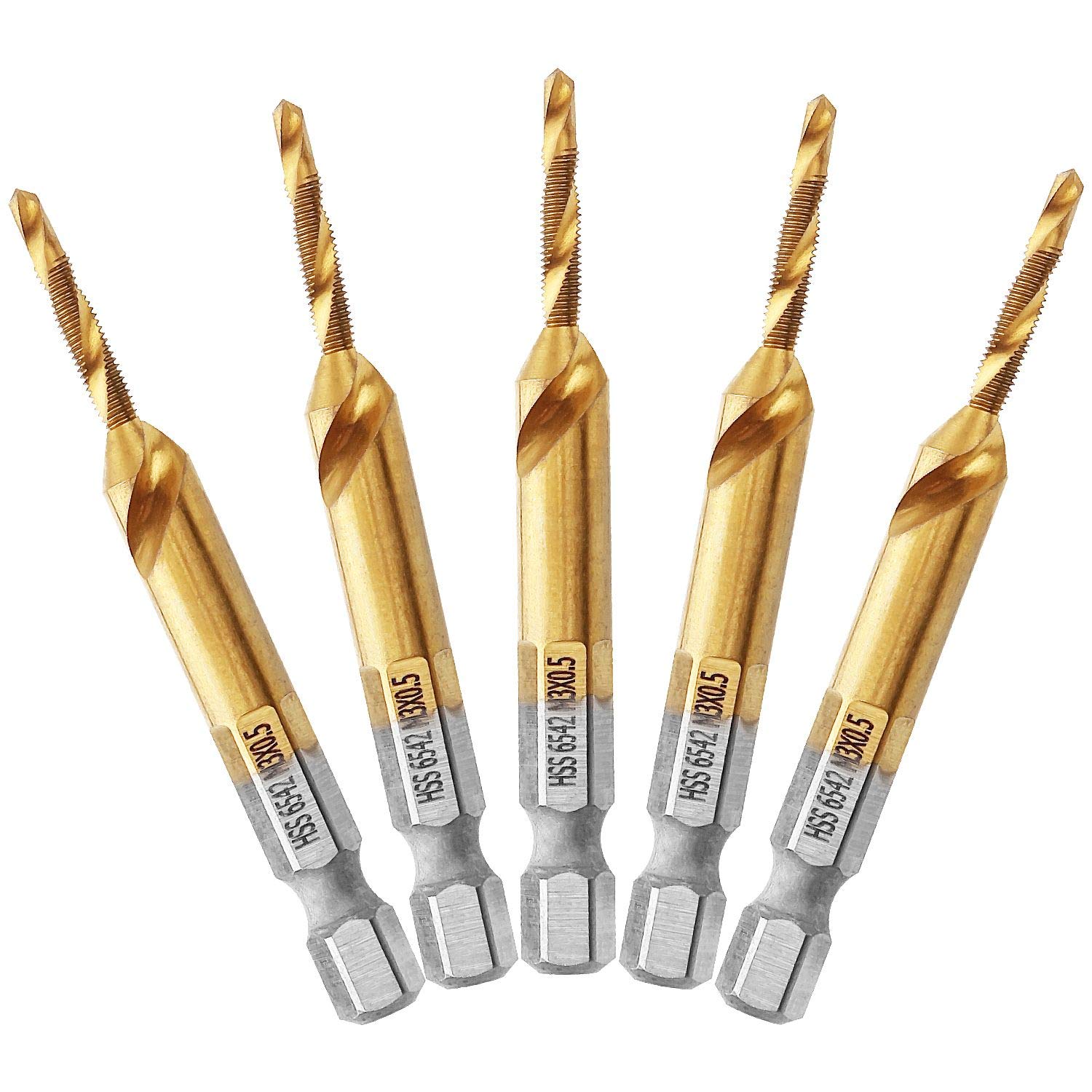 ABuff 5 Pcs M3 Tap HSS 6542 Combination Metric Thread Drill Bit, Titanium Drill Bit Set with Spiral Flute, Countersink Drill with Hex Shank, Tap Set for Drilling, Tapping