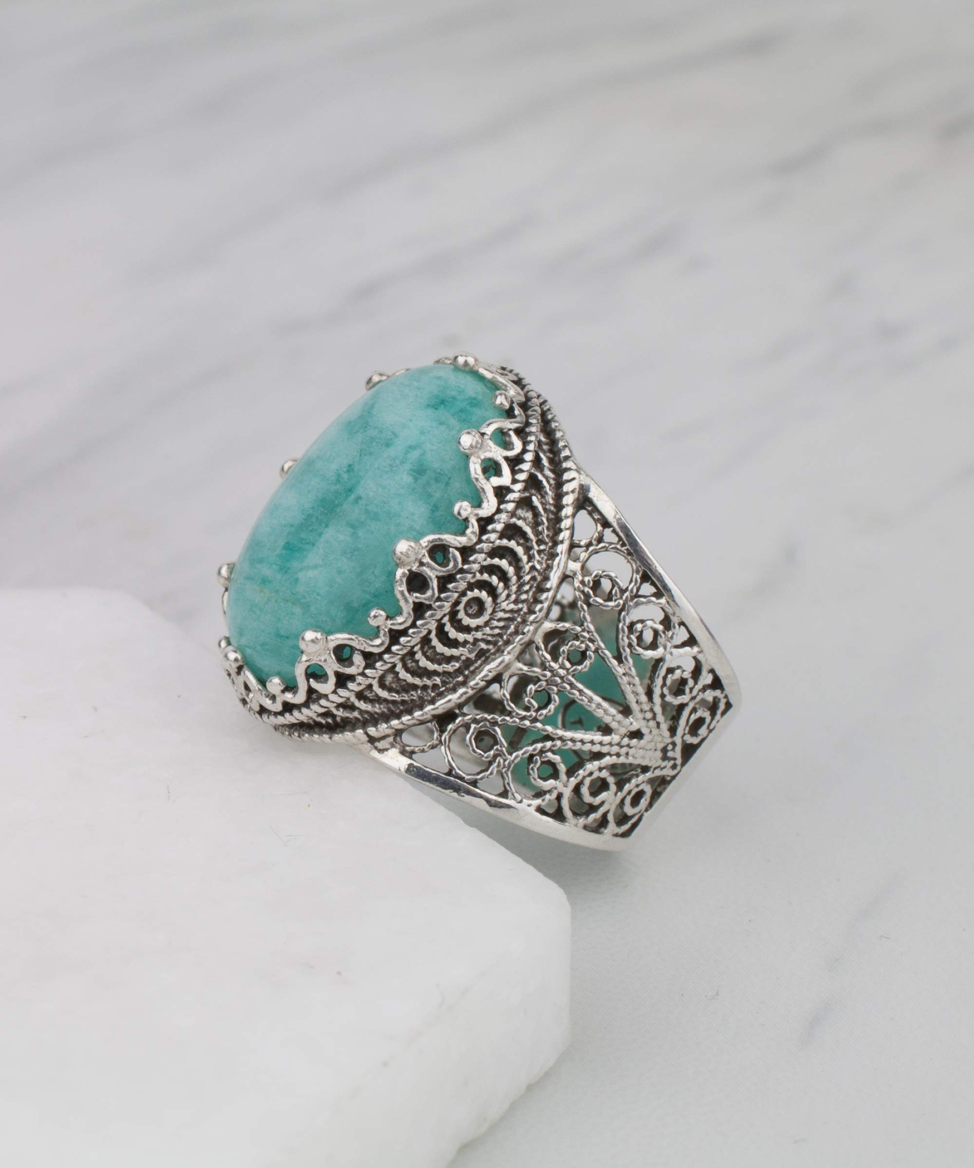 925 Sterling Silver Blue Amazonite Oval Crown Filigree Ring (Size 5-12) (7)