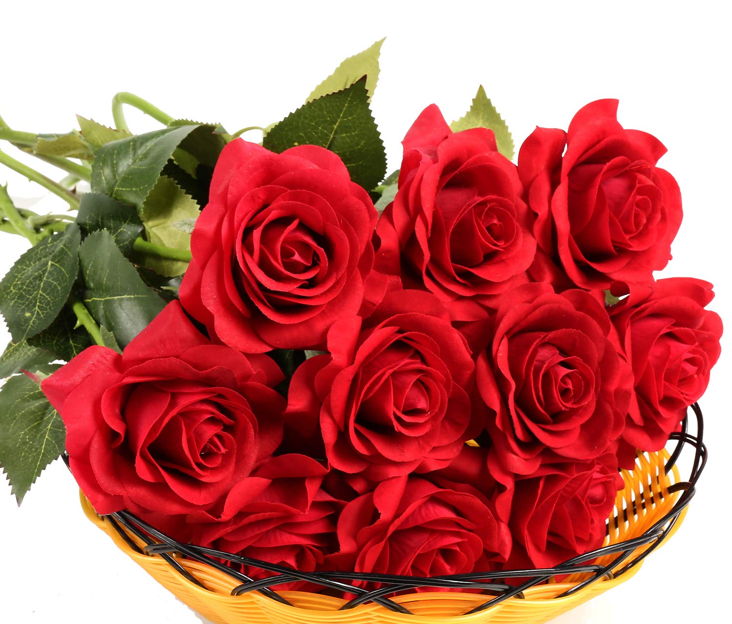 Artificial Roses Fake Silk Flowers Real Touch Long Stem for Wedding Party Home Office Outdoor Craft Decoration, Pack of 10 (Red)