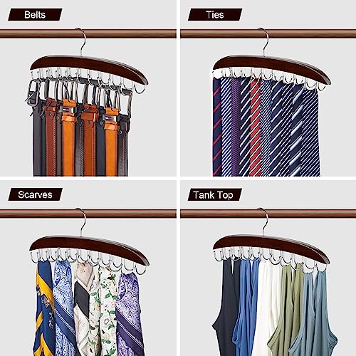 Belt Hanger Organizer, Upgraded Tie and Belt Organizer, 20 Hooks Wooden Belt Rack for Storage, 360°Rotating Space Save Belts Organizer for Tie, Tank Top, Scarf, Stored Up to 60 Belts-Red