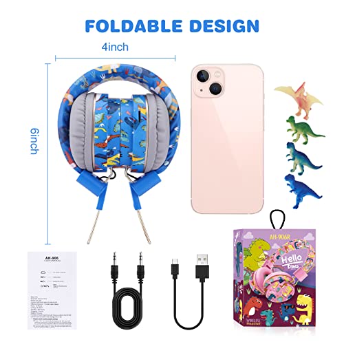 QearFun Dinosaur Headphones for Boys Kids for School, Kids Bluetooth Headphones with Microphone & 3.5mm Jack, Teens Toddlers Wireless Headphones with Adjustable Headband for Tablet/PC (Blue)