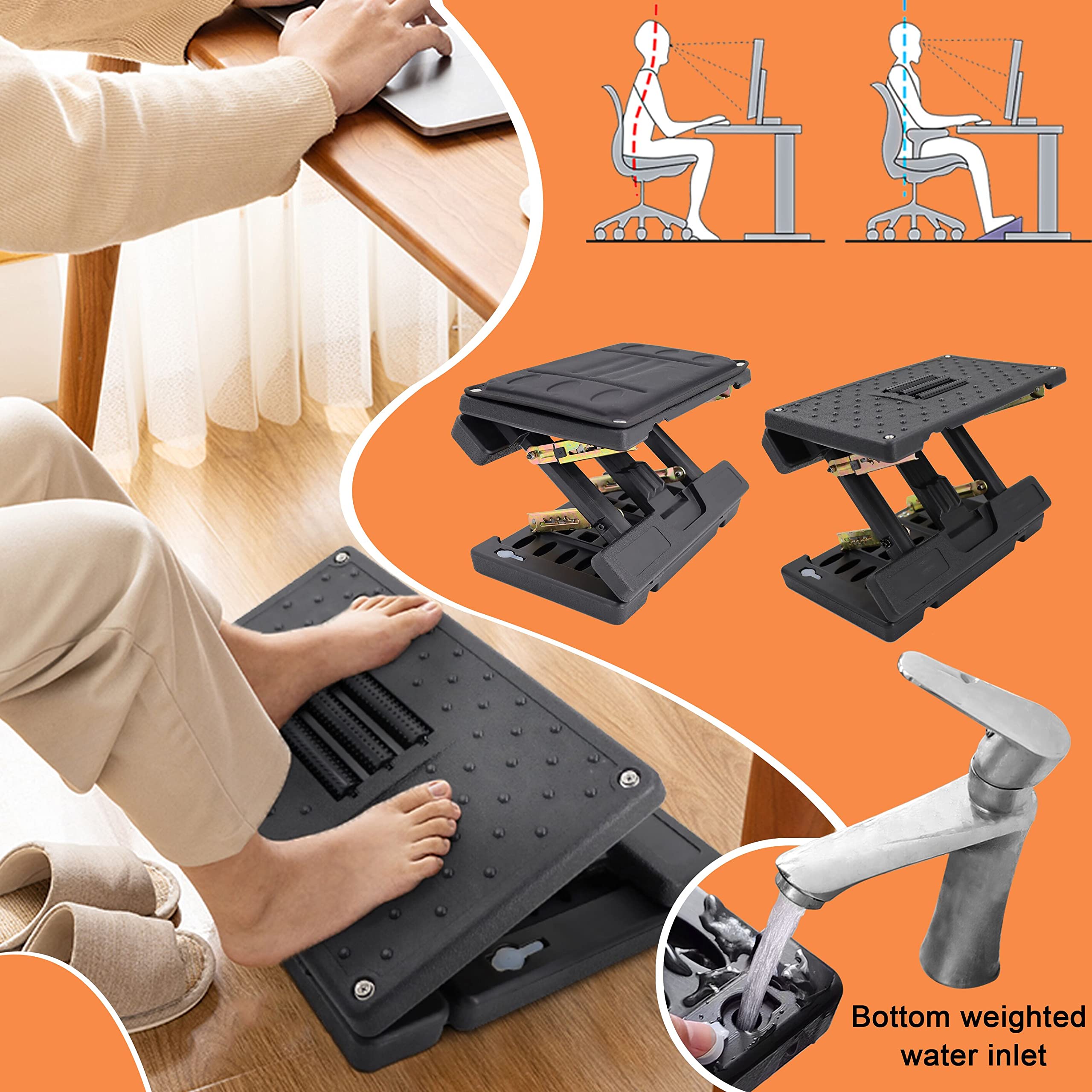 Adjustable Foot Rest Under Desk, Leg Rest with Massage Surface Roller,Foot Stool Ergonomic Adjustment ,Bottom Can Be Filled with Water (Black)