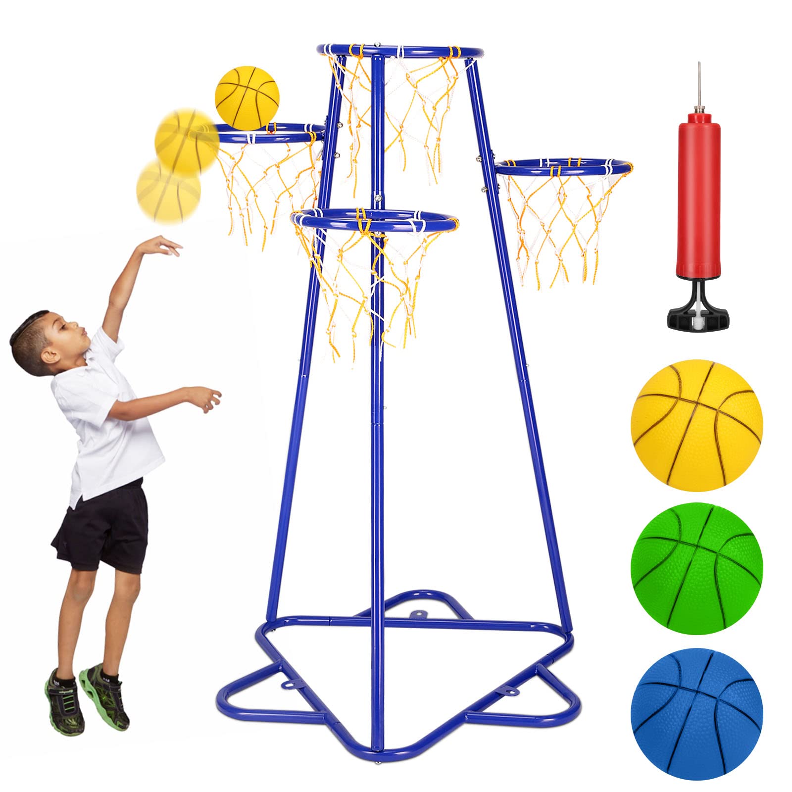 Desllrainy Kids Basketball Hoop Portable Basketball Stand with 4 Hoops at Varying Heights and 3 Balls Toy Set for Age 3 Years and Up for Toddlers Indoor and Outdoor Sport Games