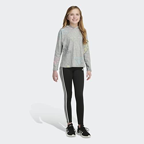 adidas Girls' Long Sleeve Hooded Graphic Tee, Grey Heather with Multicolor, 6