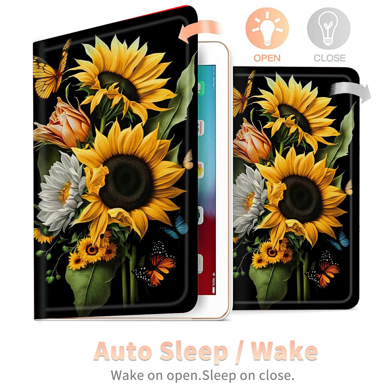 Sunflowers Butterfly Case Compatible with Amazon Fire HD 10 10.1-Inch Tablet (7th Generation and 9th Generation,2017 and 2019 Release), Smart Folding Stand Cover with Auto Wake/Sleep