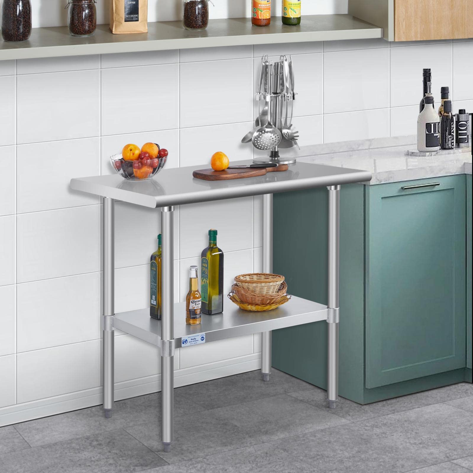 HALLY Stainless Steel Table for Prep & Work 24 x 36 Inches, NSF Commercial Heavy Duty Table with Undershelf and Galvanized Legs for Restaurant, Home and Hotel