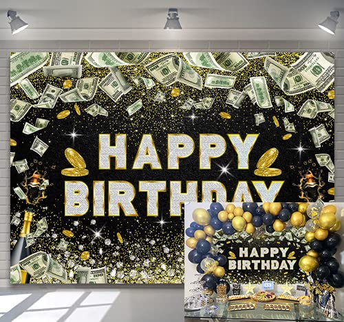 7x5ft Dollar Bill Black Gold Birthday Backdrop Glitter Diamond Champagne Background Money Casino 16th 18th Boy Girl Party Photo Booth Supplies