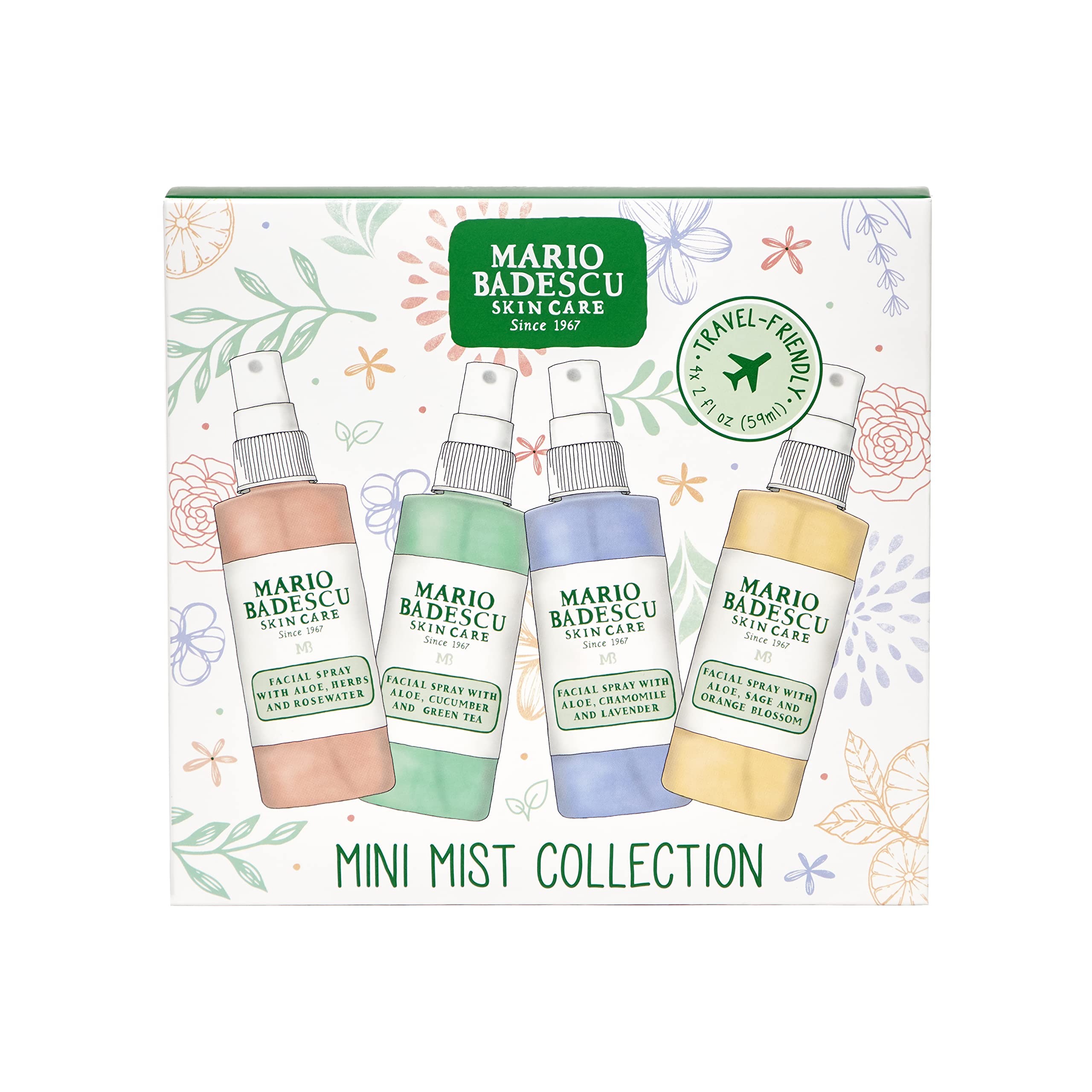 Mario Badescu Mini Mist Facial Spray Collection with Rose Water, Cucumber, Lavender and Orange Blossom, Multi-Purpose Cooling and Hydrating Face Mist for All Skin Types, 2 Fl Oz (Pack of 4)