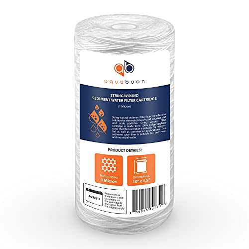Aquaboon 1 Micron 10" x 4.5" String Wound Sediment Water Filter Cartridge | Whole House Sediment Filtration | Compatible with 84637, WPX5BB97P, PC10, 355214-45, 355215-45, WP10BB97P WP5BB97P 6-Pack