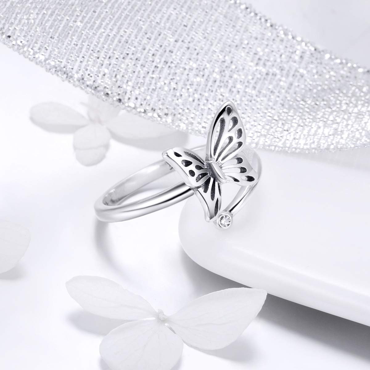 925 Sterling Silver Dainty Butterfly Expandable Open Cuff Rings Statement Ring Engagement Rings Adjustable Animal Promise Band Ring for Women